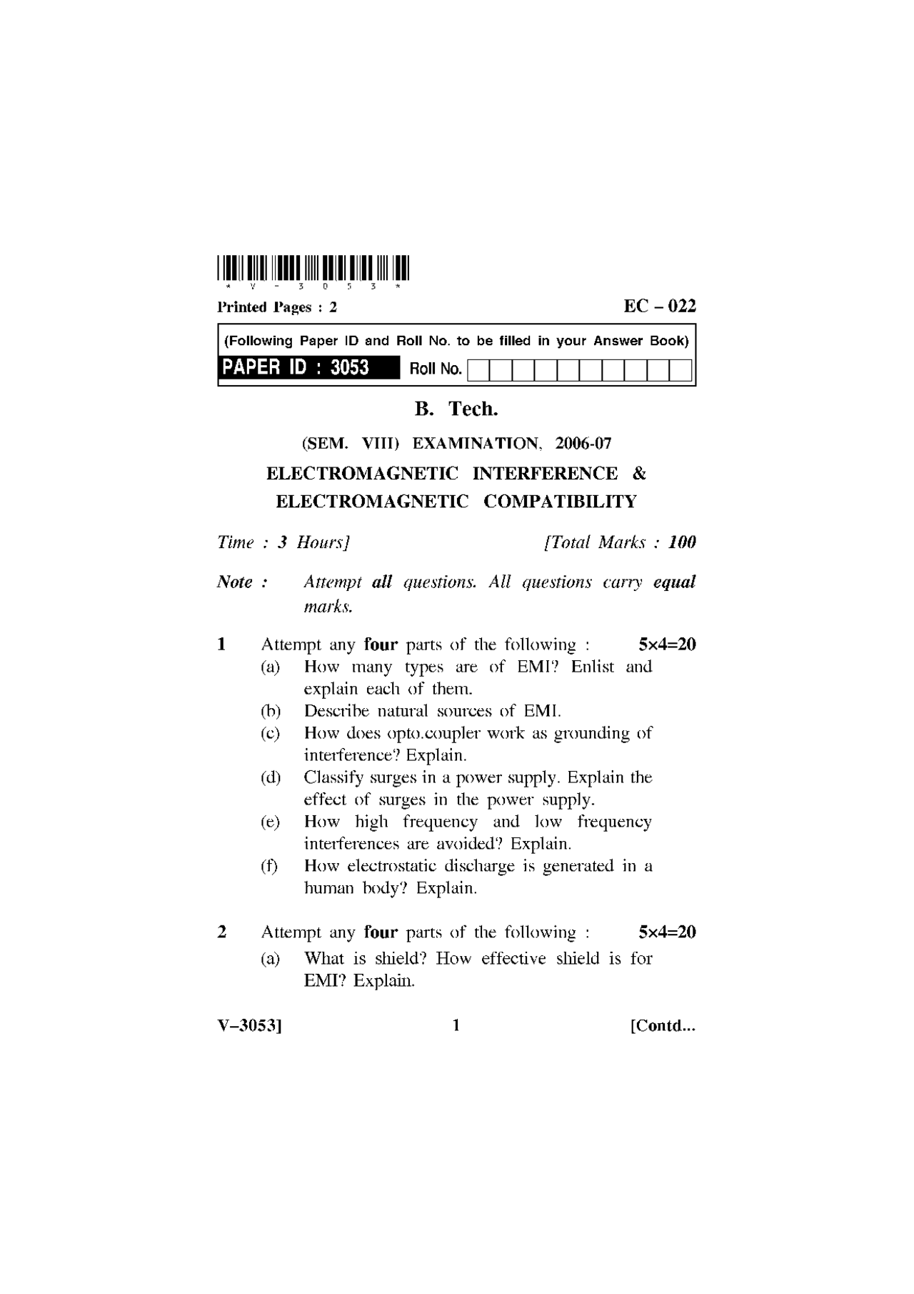 Electromagnetic Interference And Compatibility Exam Paper Uptu Docsity