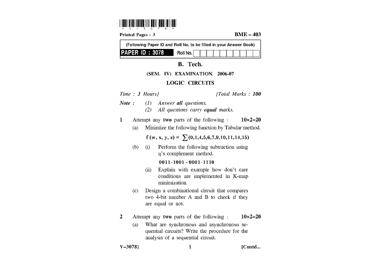 Logic Circuits Exam Paper Uptu Docsity