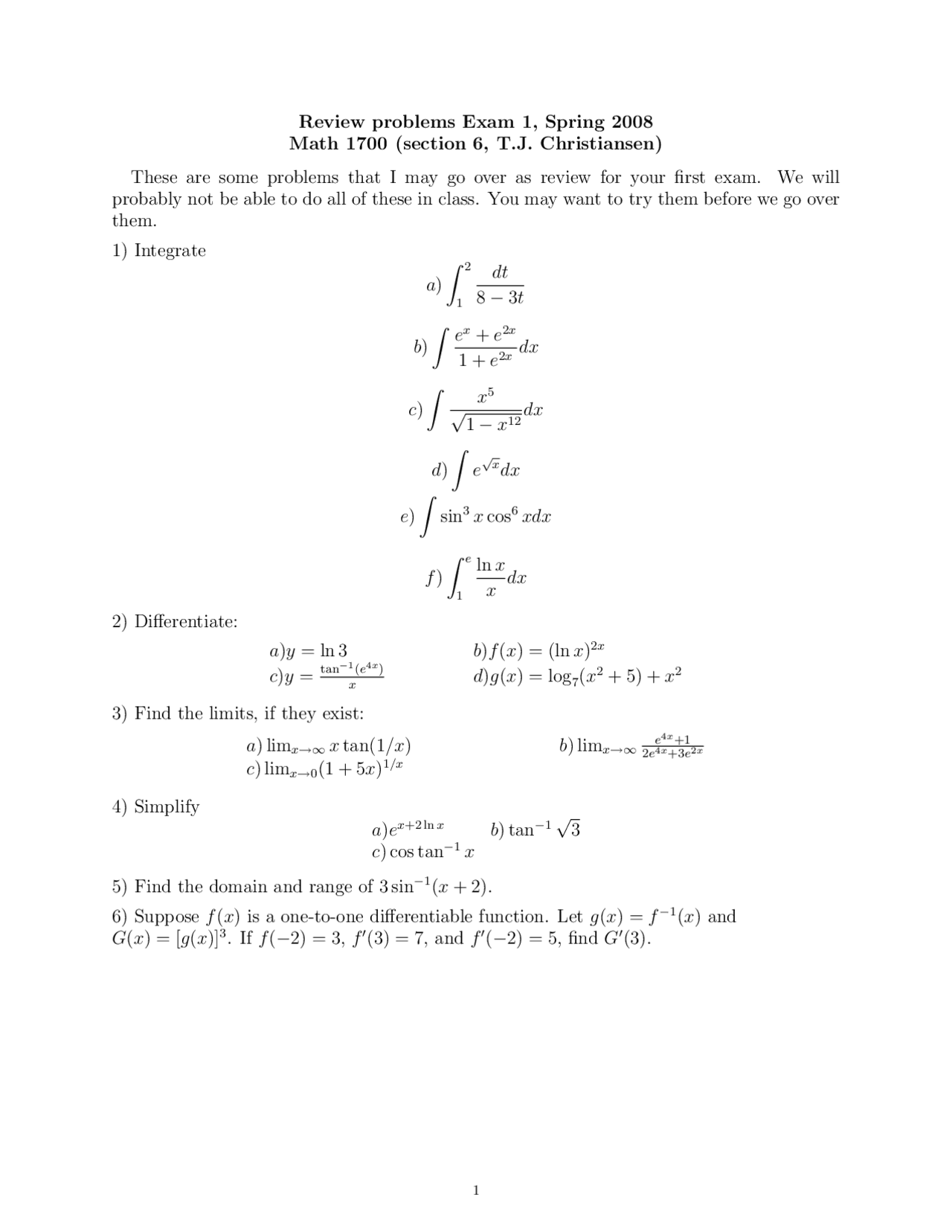 Exam 1 Calculus Ii Problems Review Math 1700 Docsity