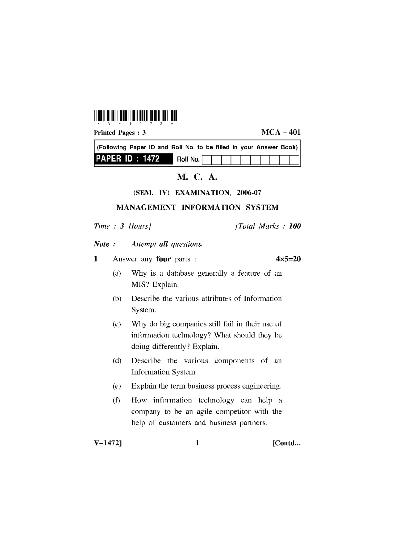 MANAGEMENT INFORMATION SYSTEMS, Exam paper, UPTU - Docsity