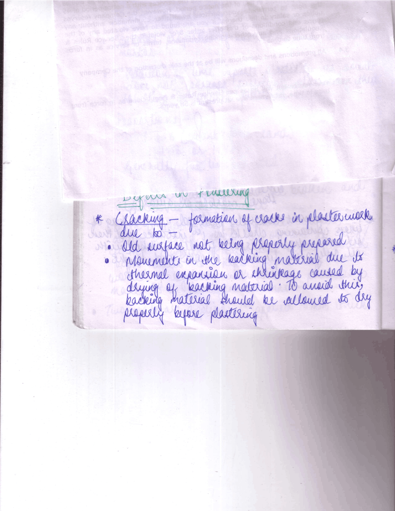 Architecture- Defects in Plastering | Study notes Architecture | Docsity