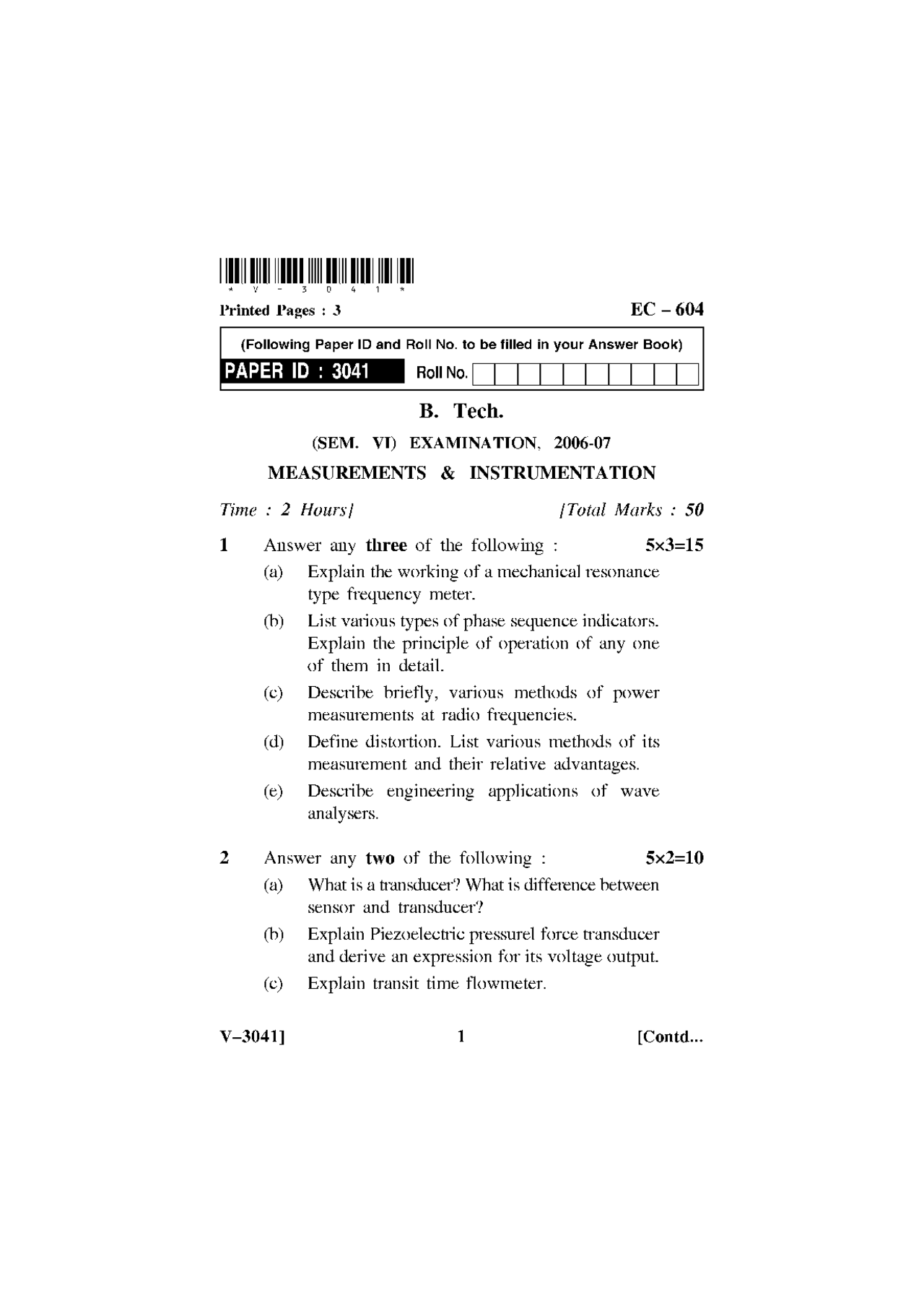 Measeaument And Instrumentation Exam Paper Uptu Docsity
