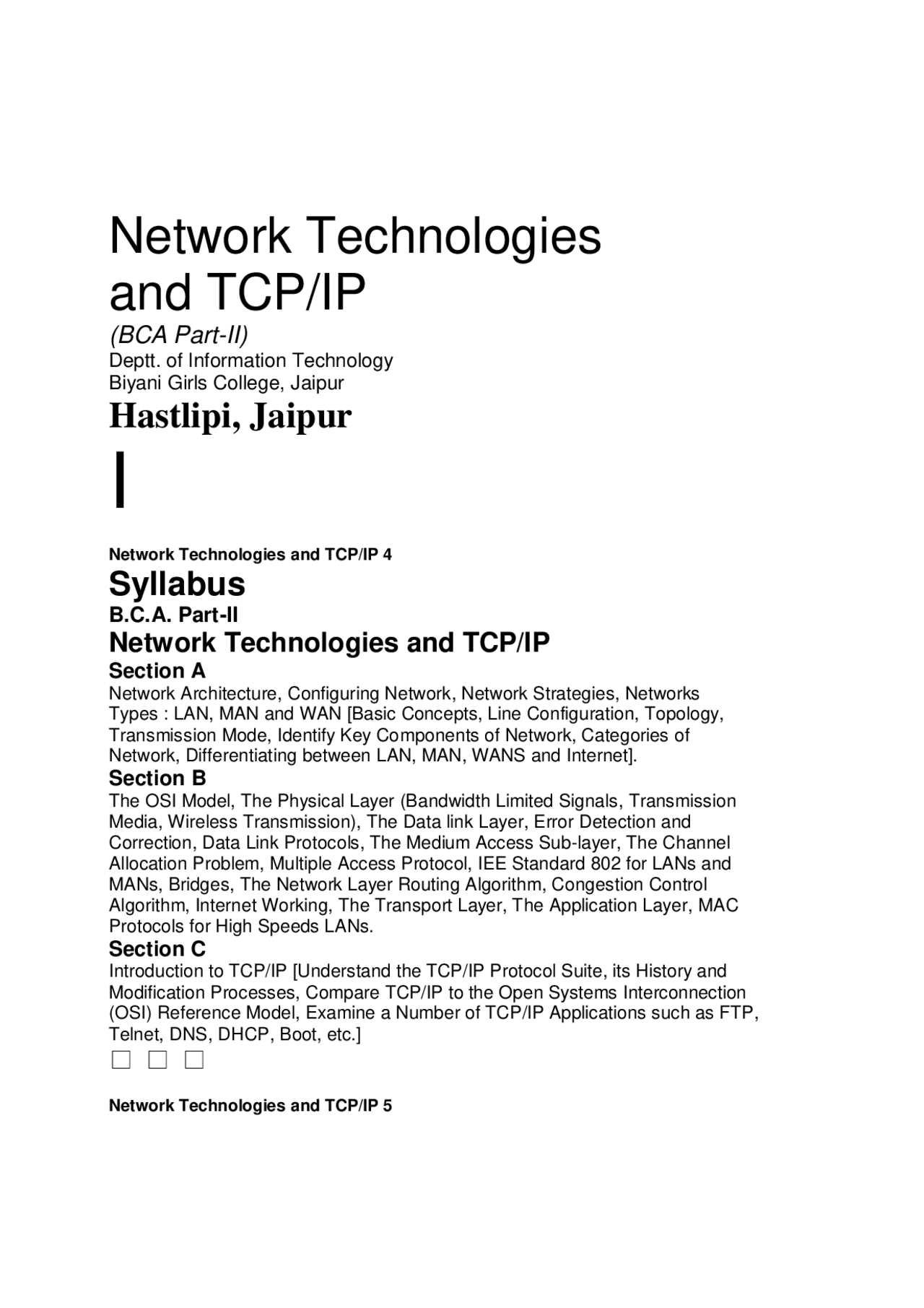 Network Technologies And Tcp Ip Lecture Notes Subash Docsity