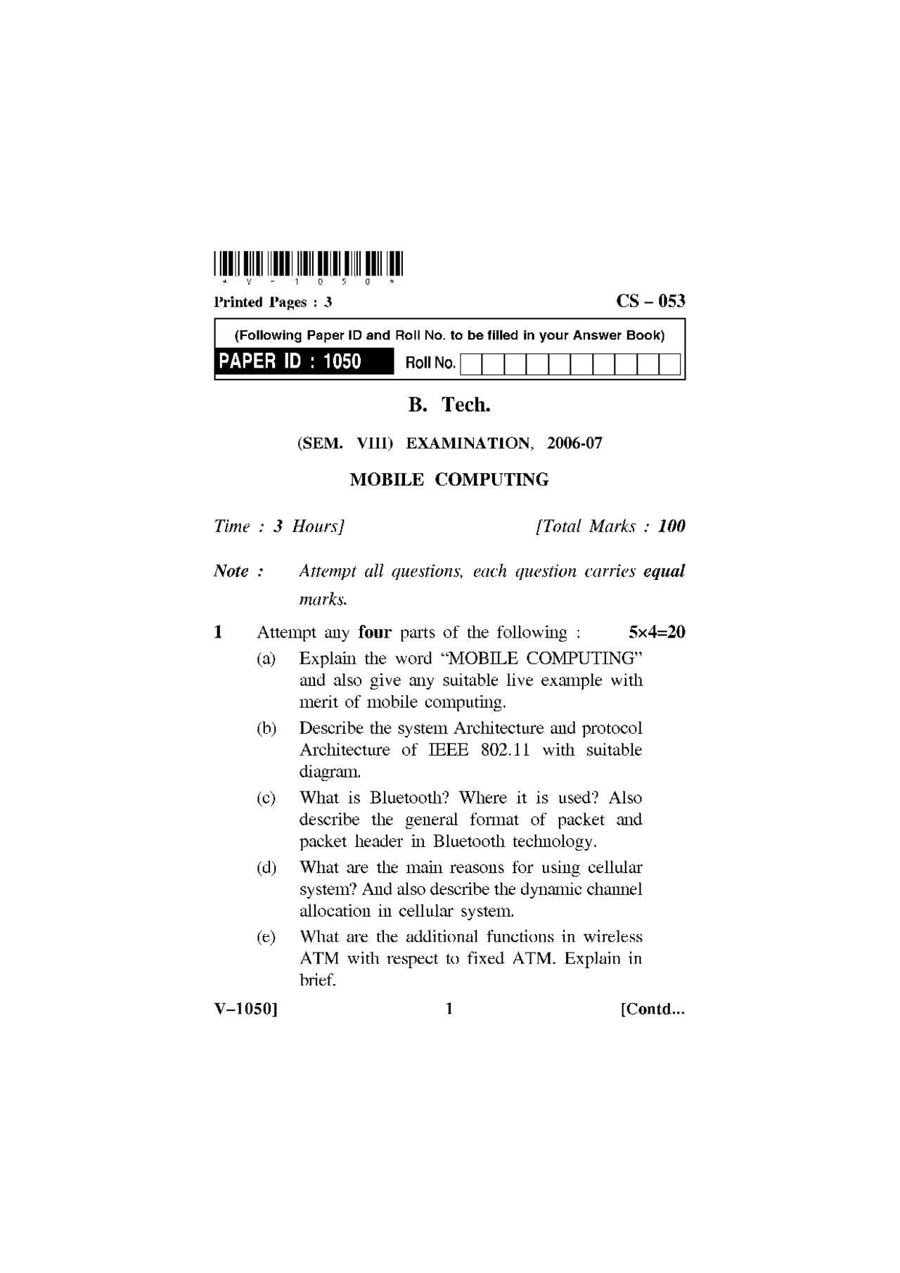 Mobile Computing Exam Paper Uptu Docsity