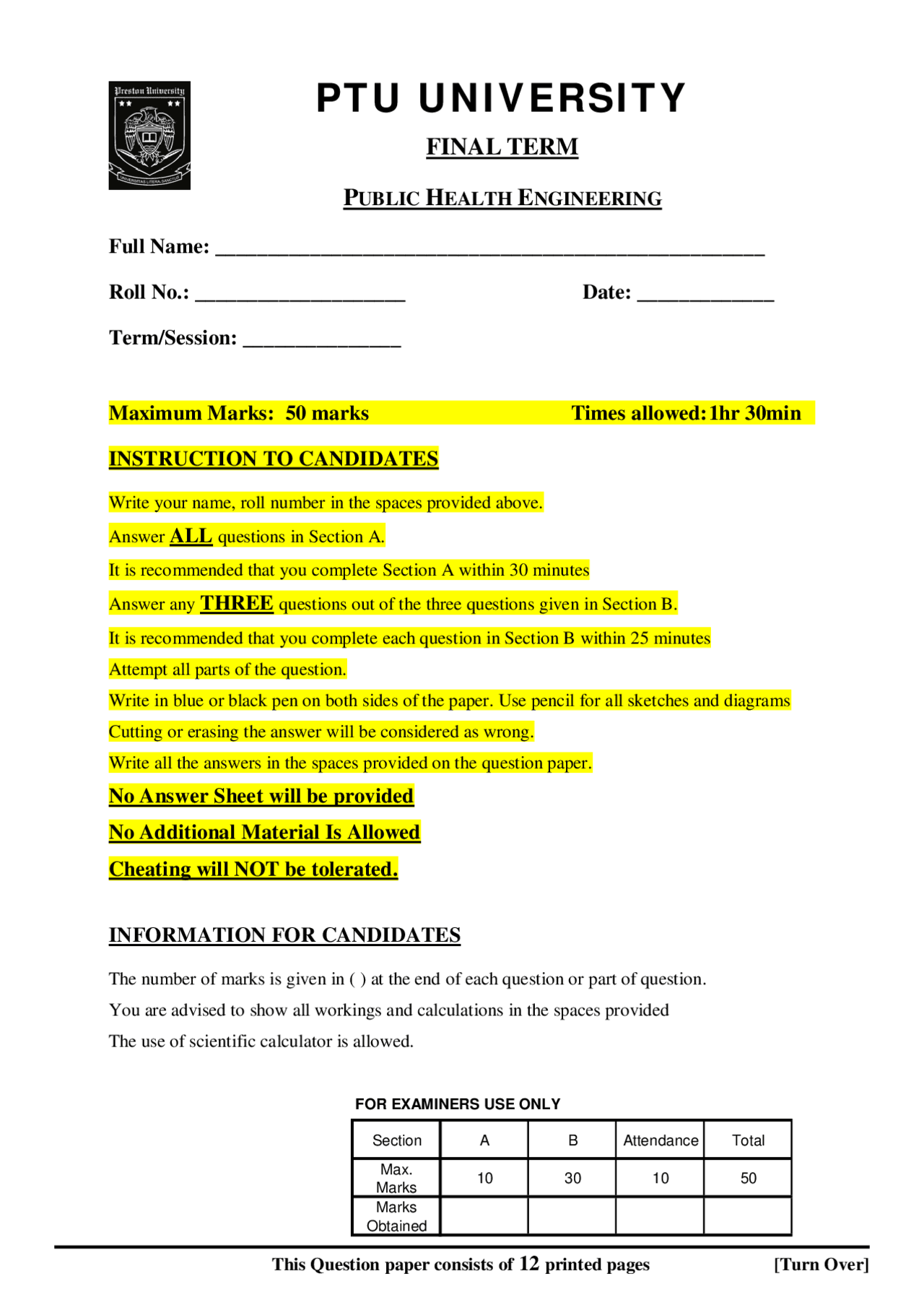 Public Health Engineering, Exam paper, PTU 2 - Docsity