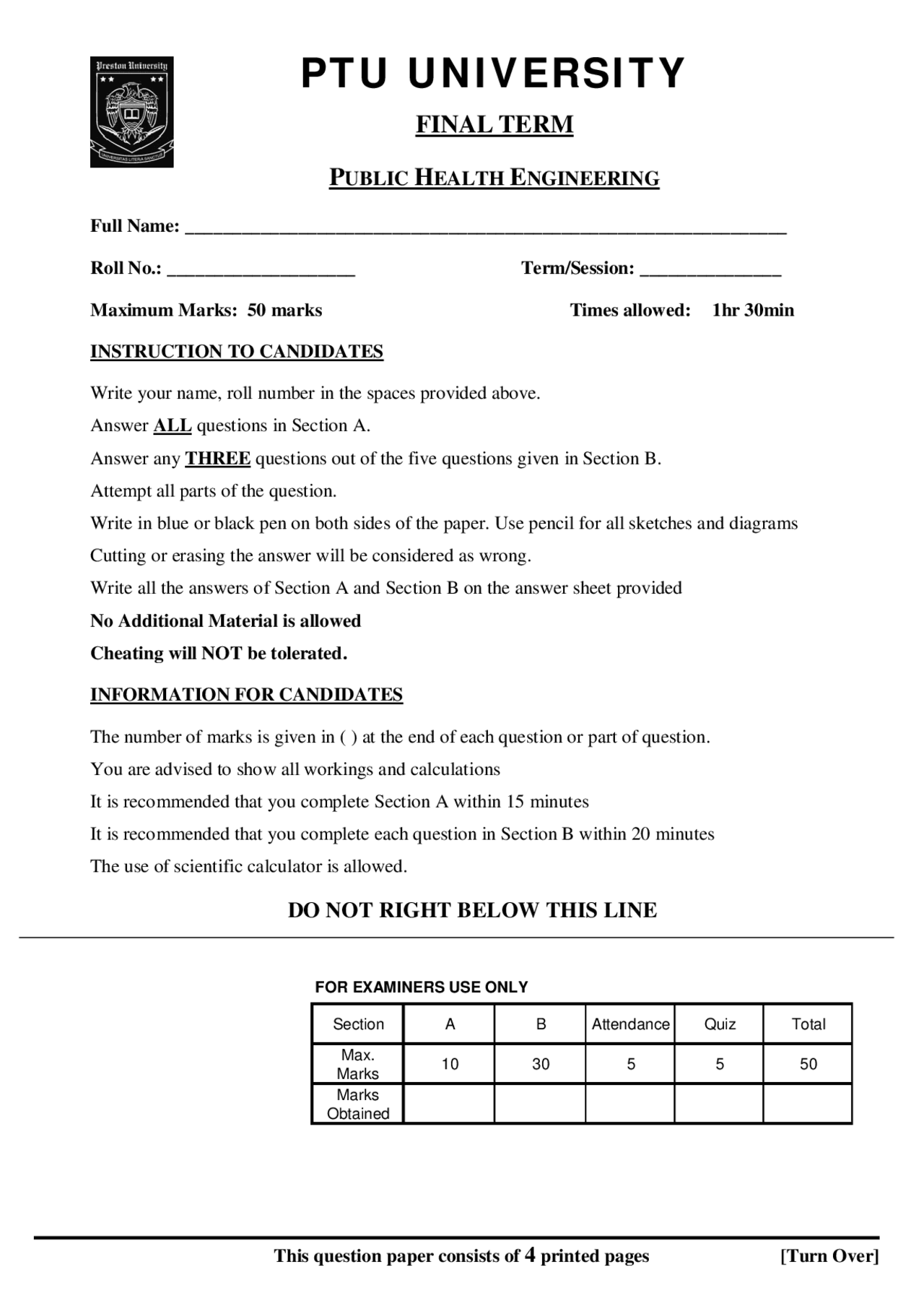 Public Health Engineering, Exam paper, PTU 1 - Docsity