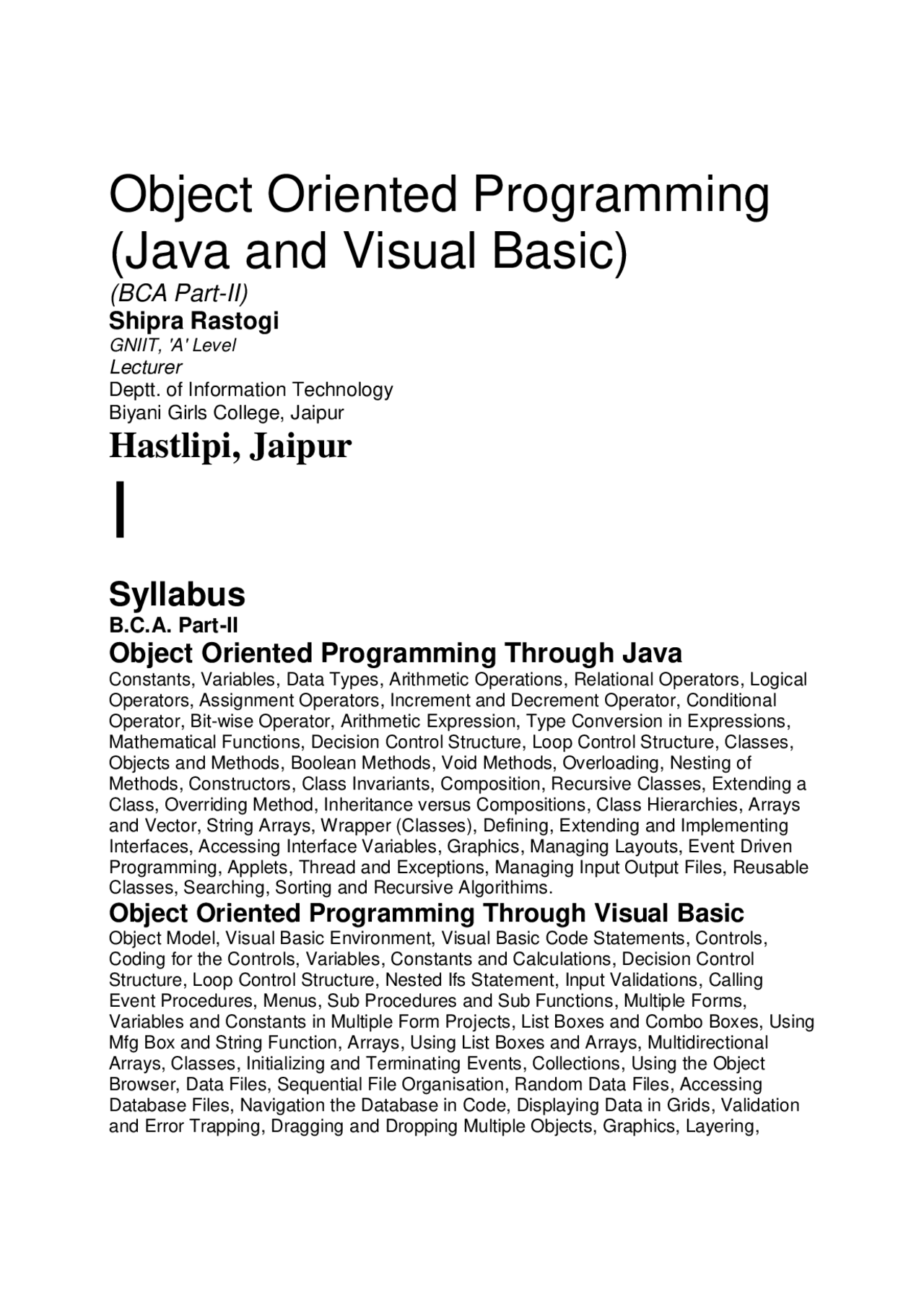 Object Oriented Programming - JAVA and VISUAL BASIC, lecture notes, A ...
