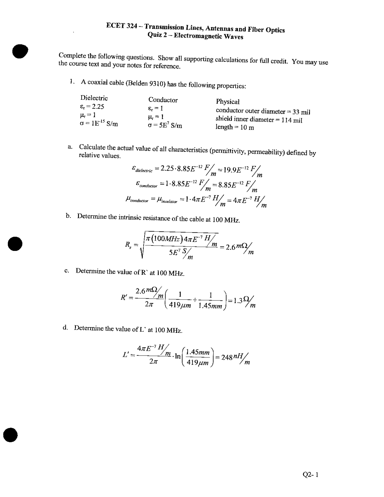 Electromagnetic Waves Solutions For Quiz 2 Ecet 32400 Docsity