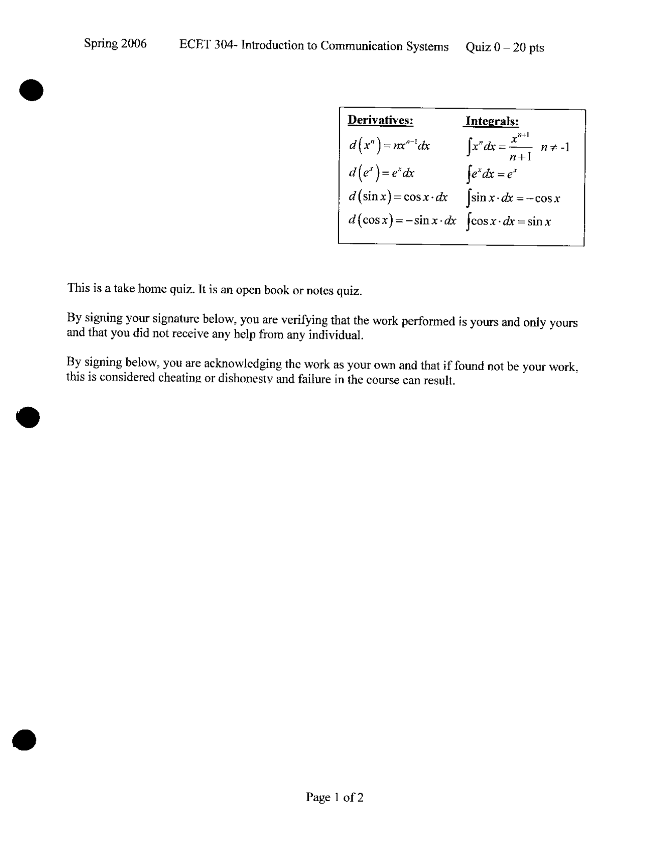 Quiz For Introduction To Communication Systems Ecet 30400 Docsity