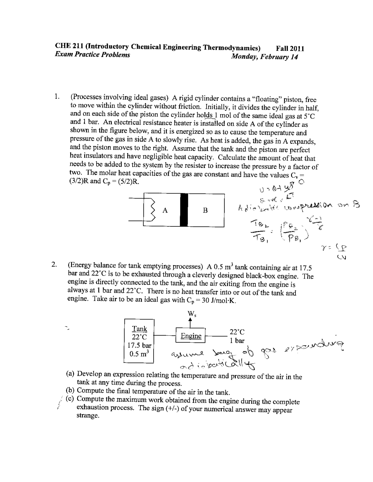 Exam Practice Problems Introductory Chemical Engineering