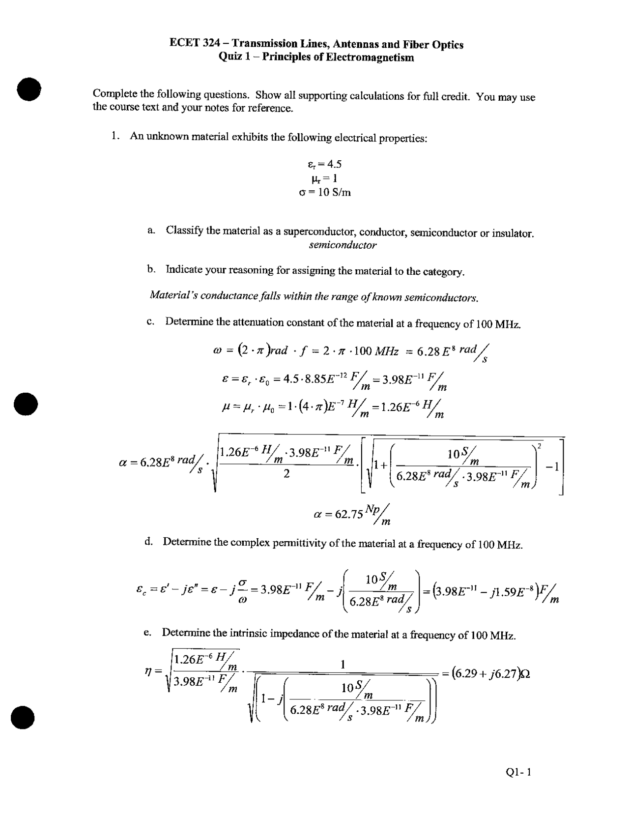 Solutions To Quiz 1 Fundamentals Of Electromagnetics Ecet 32400