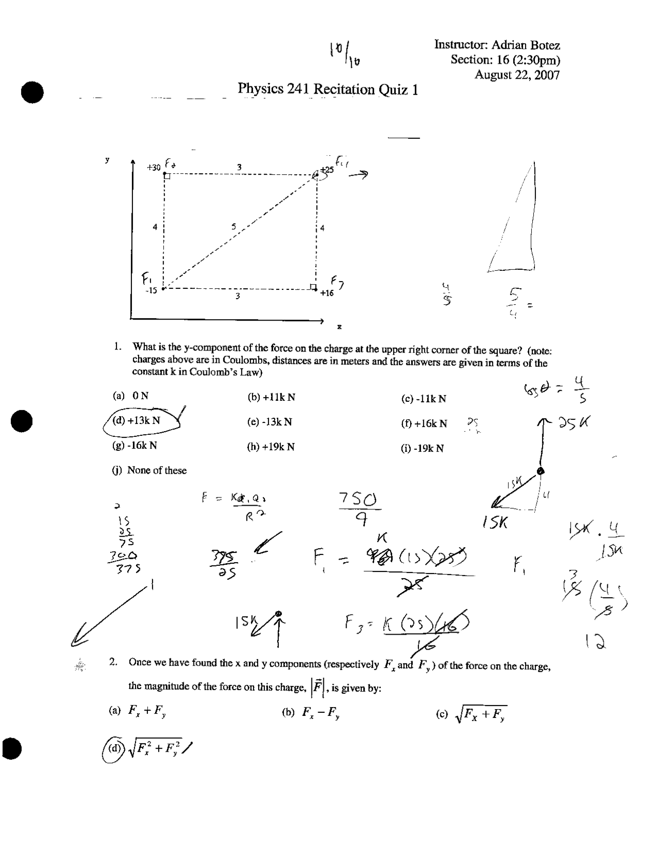 Quiz 1 With Solutions Electricity And Optics Phys 24100 Docsity