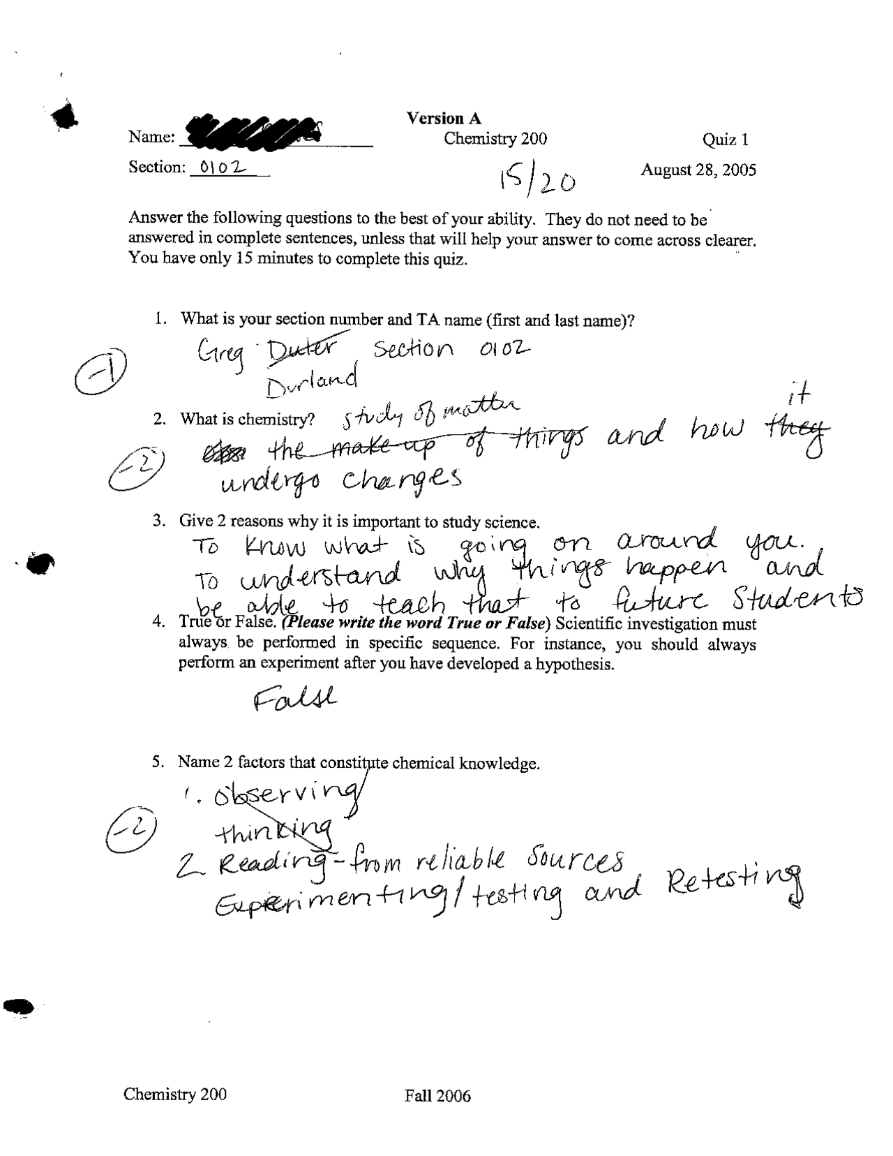Practice Quiz 1 Solutions Fundamentals Of Chemistry Chm 20000 Docsity
