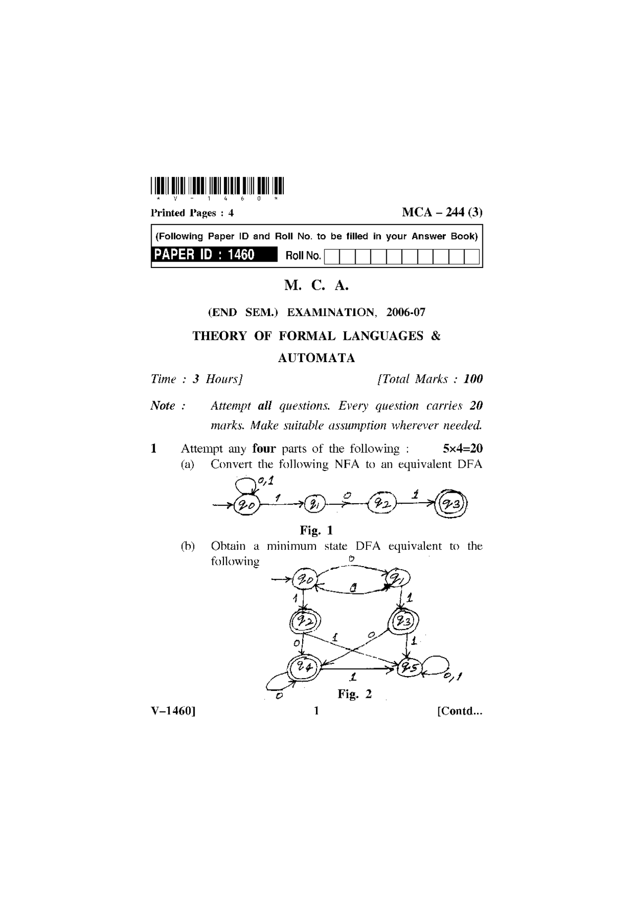 Theory Of Formal Languages And Automata Exam Paper Uptu Docsity