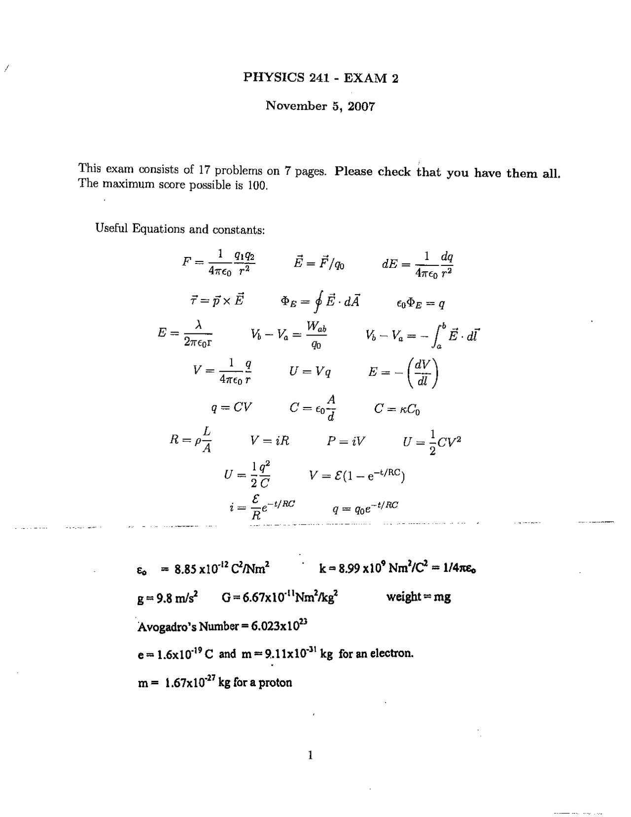 Exam 2 Useful Equations Electricity And Optics Phys 24100 Docsity