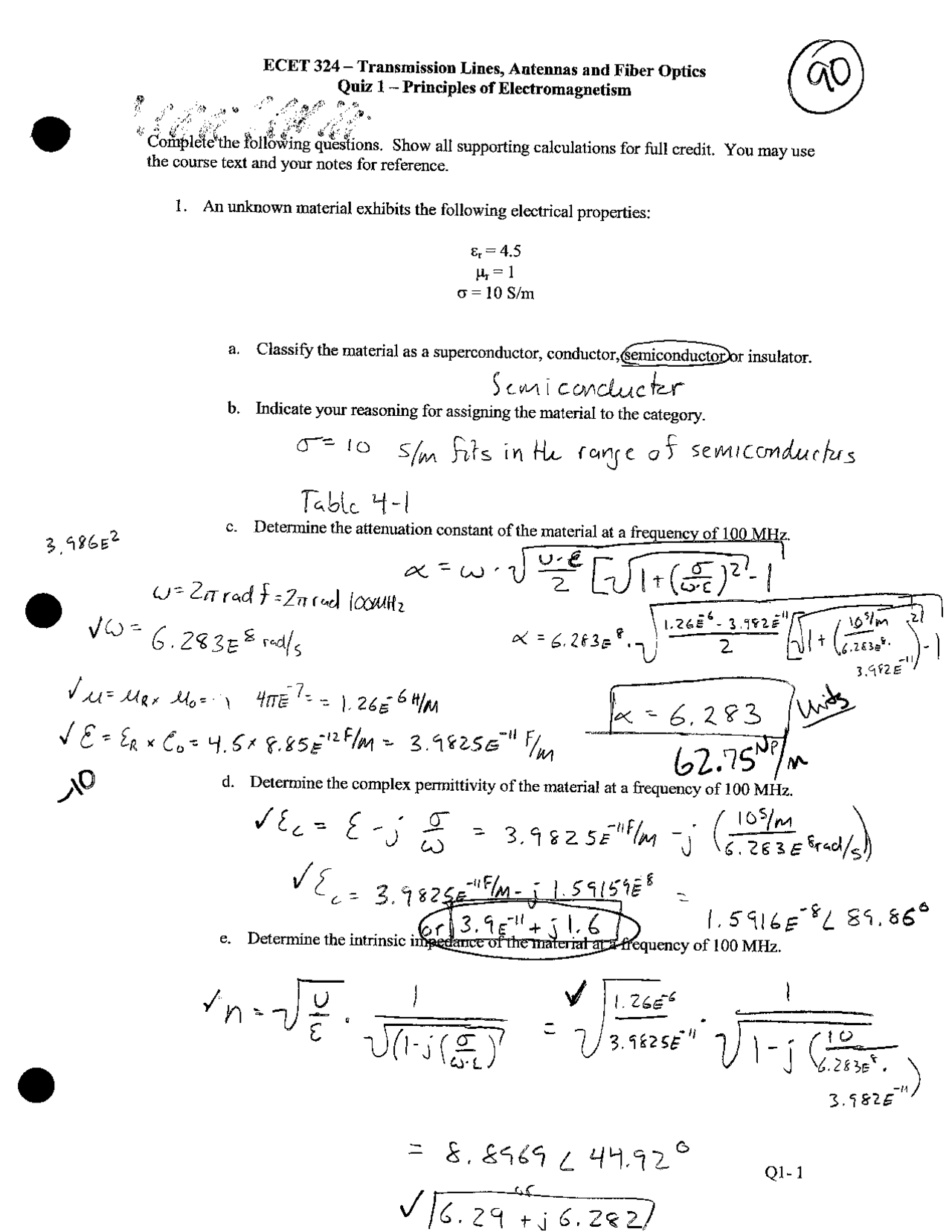 Quiz 1 With Solution Fundamentals Of Electromagnetics Ecet 32400