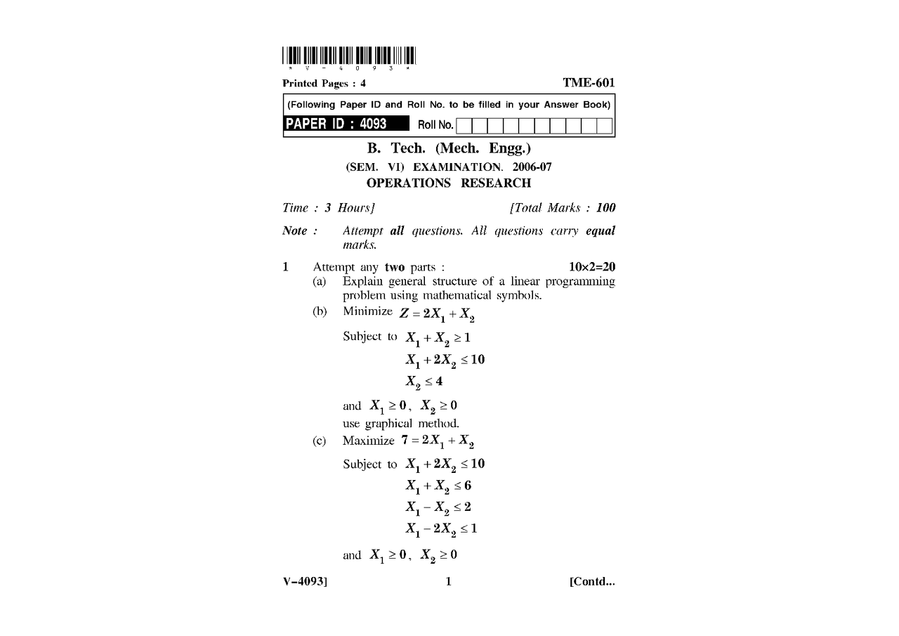 UPTU - Operations research, Examination - Docsity