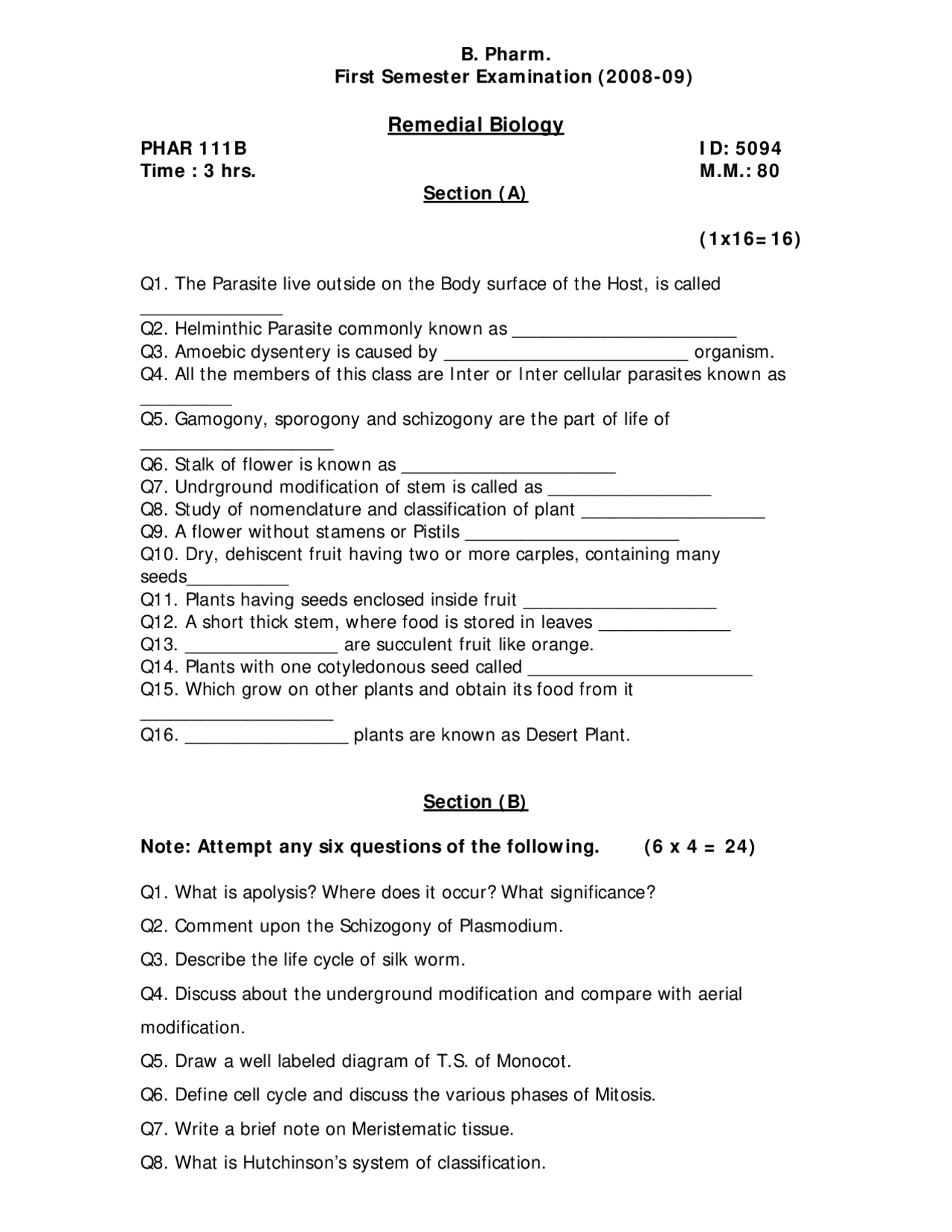 B. Pharmacy Remedial Biology, Examination, UPTU - Docsity