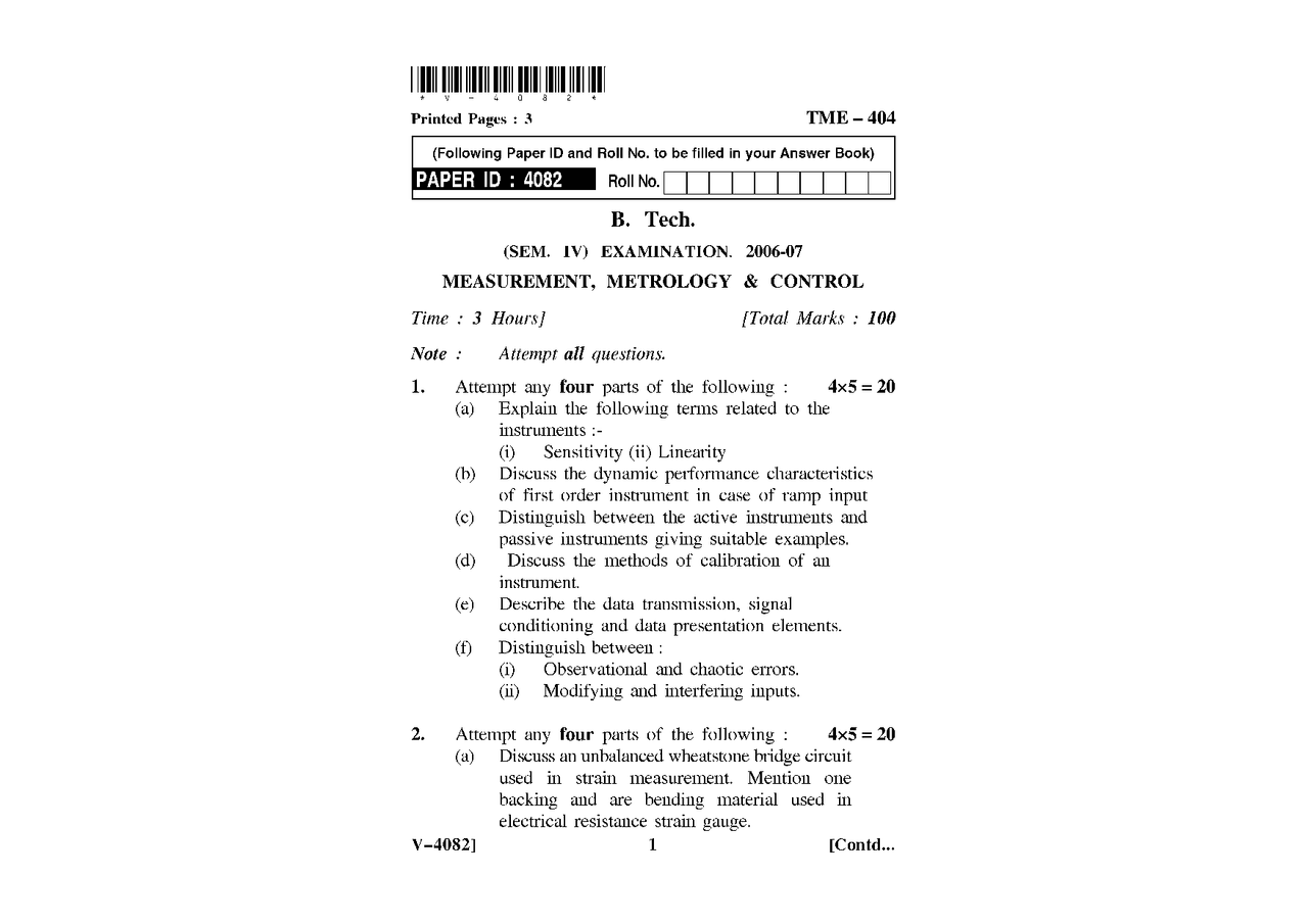 UPTU - Measurment, Metrology and Control, Examination | Exams Electronic Measurement and ...