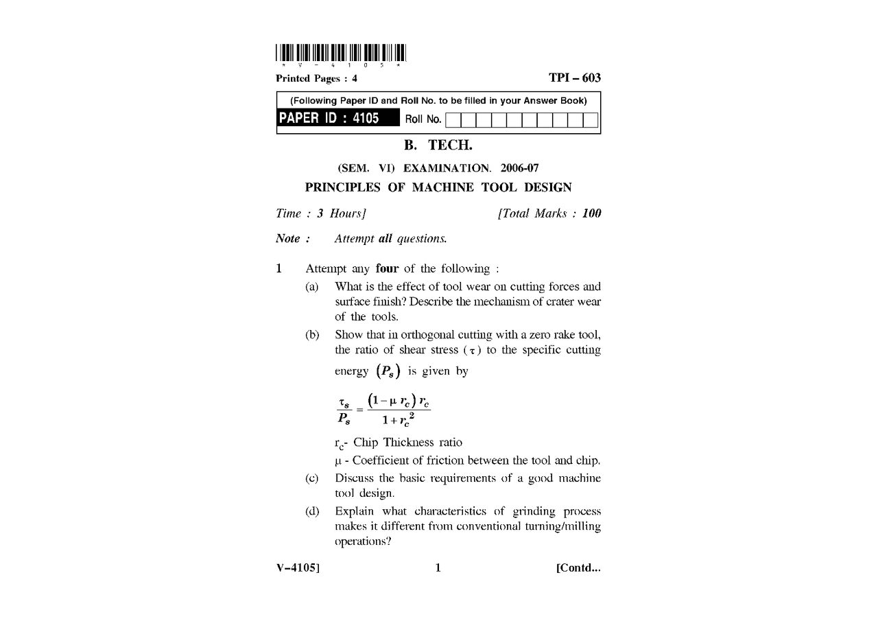 Uptu Principles Of Machine Tool Design Examination Exams