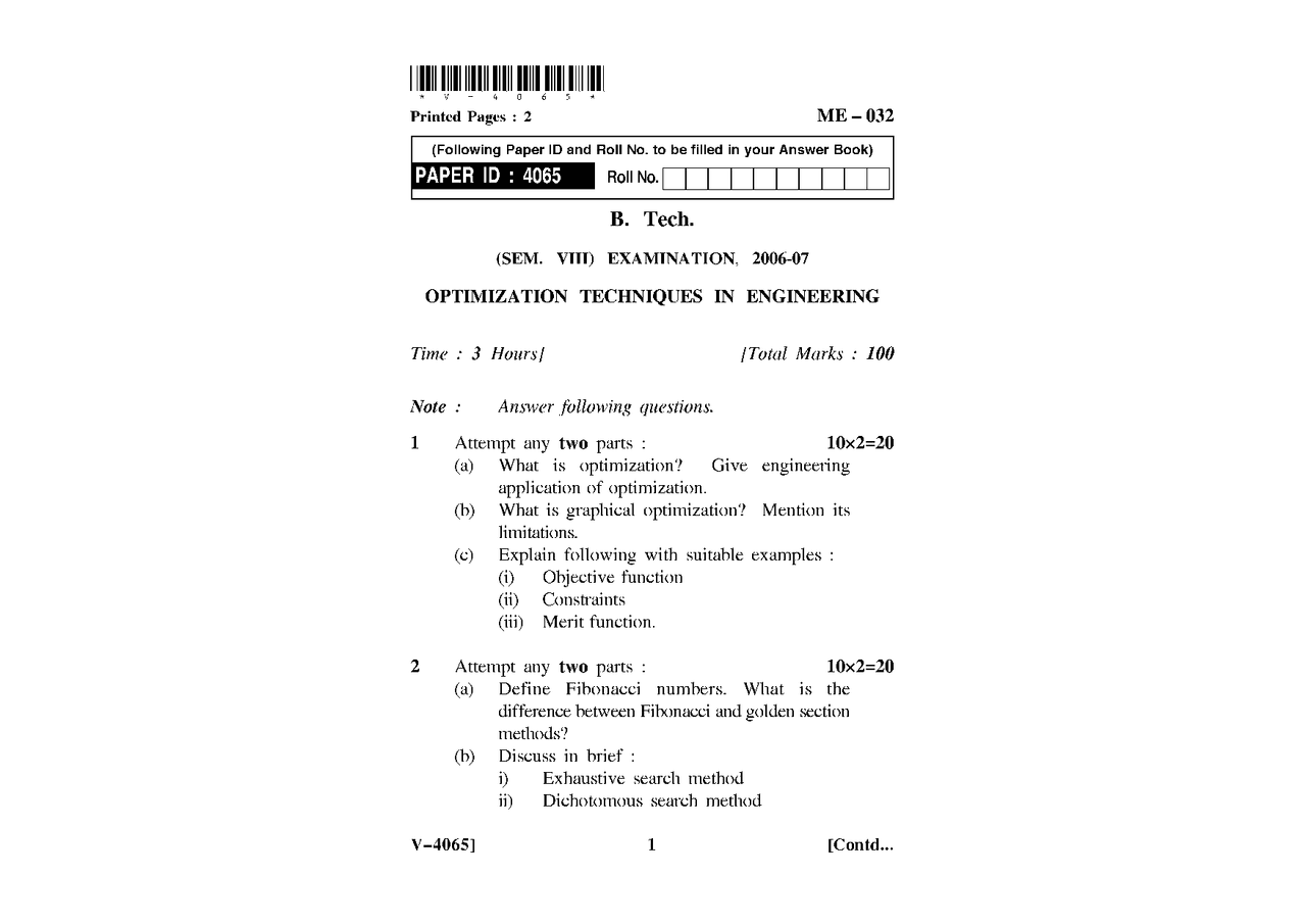 Uptu Optimization Techniques In Engineering Examination Docsity