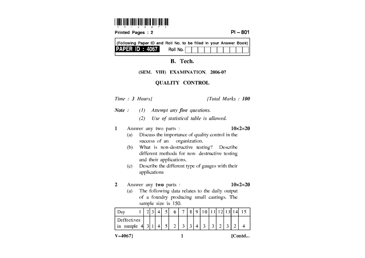 Uptu Quality Control Examination Docsity