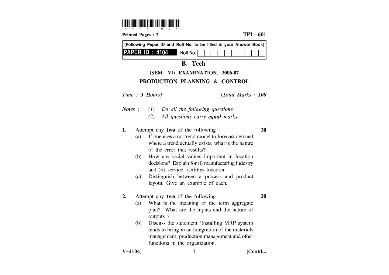 Uptu Production Planning And Control Examination 3 Docsity