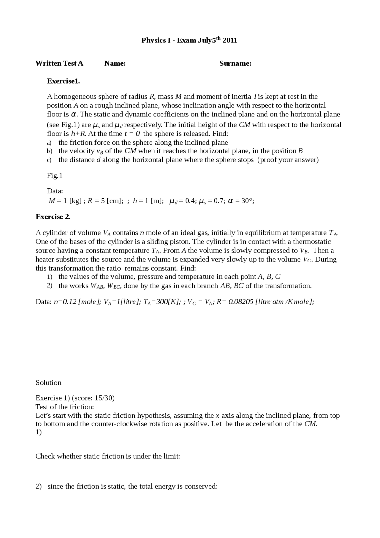 Physics I Physics I Exam July5th 2011 Prof Iazzi Docsity
