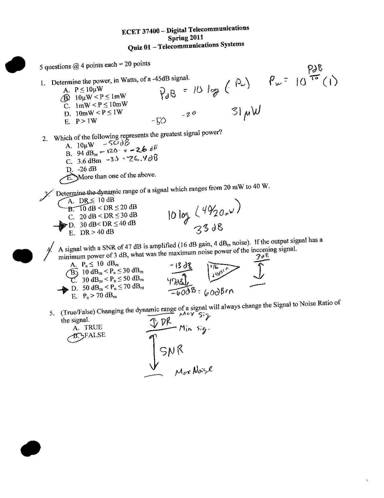 5 Questions on Digital Telecommunications - Quiz 1 - Fall 2011 | ECET 37400 | Quizzes Electrical ...