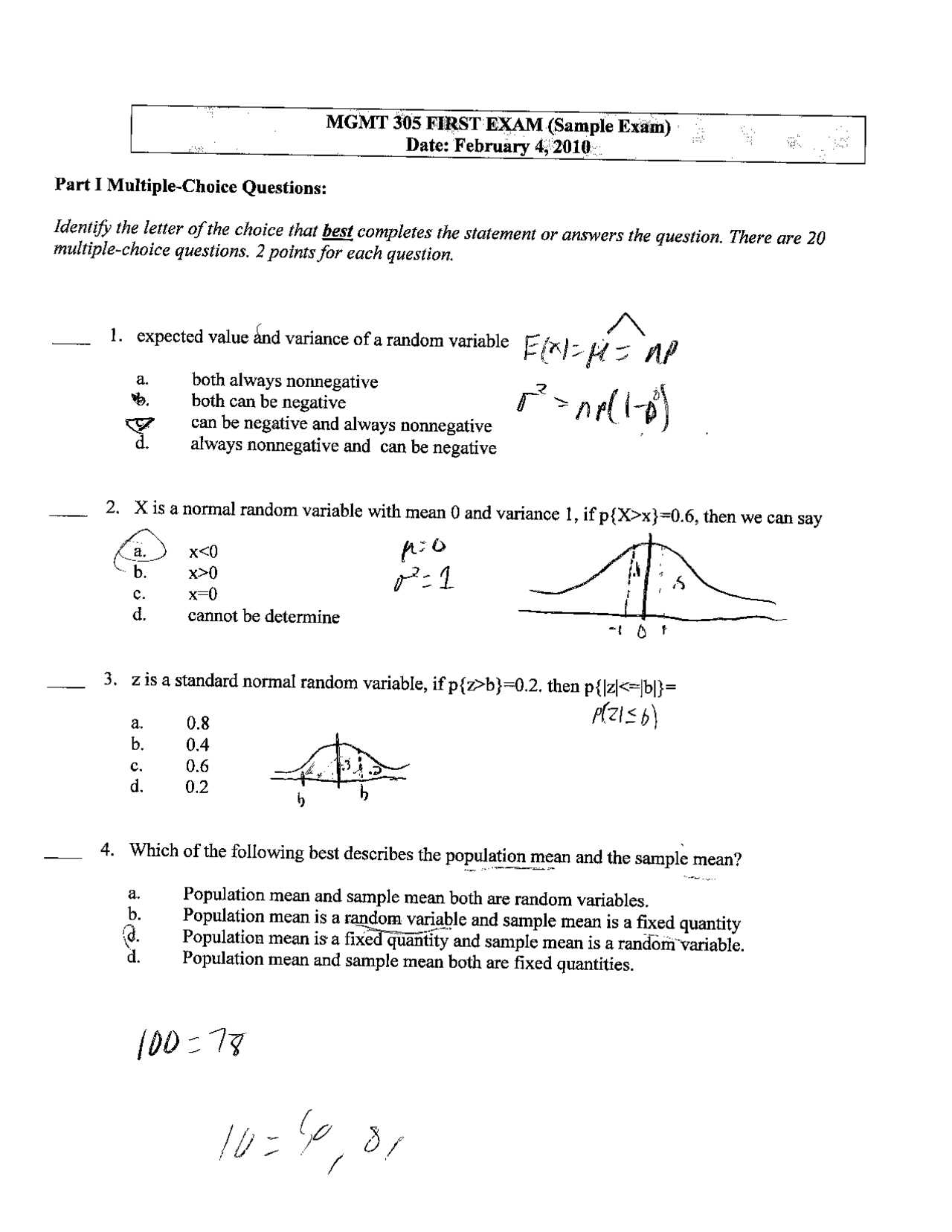 Sample Exam 1 Solutions | Business Statistics | MGMT 30500 - Docsity