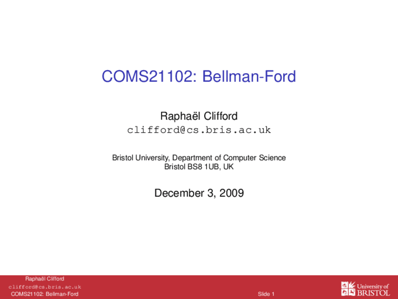 Bellman Ford Algorithm, Lecture Slides - Computer Science | Slides Introduction to Computers ...