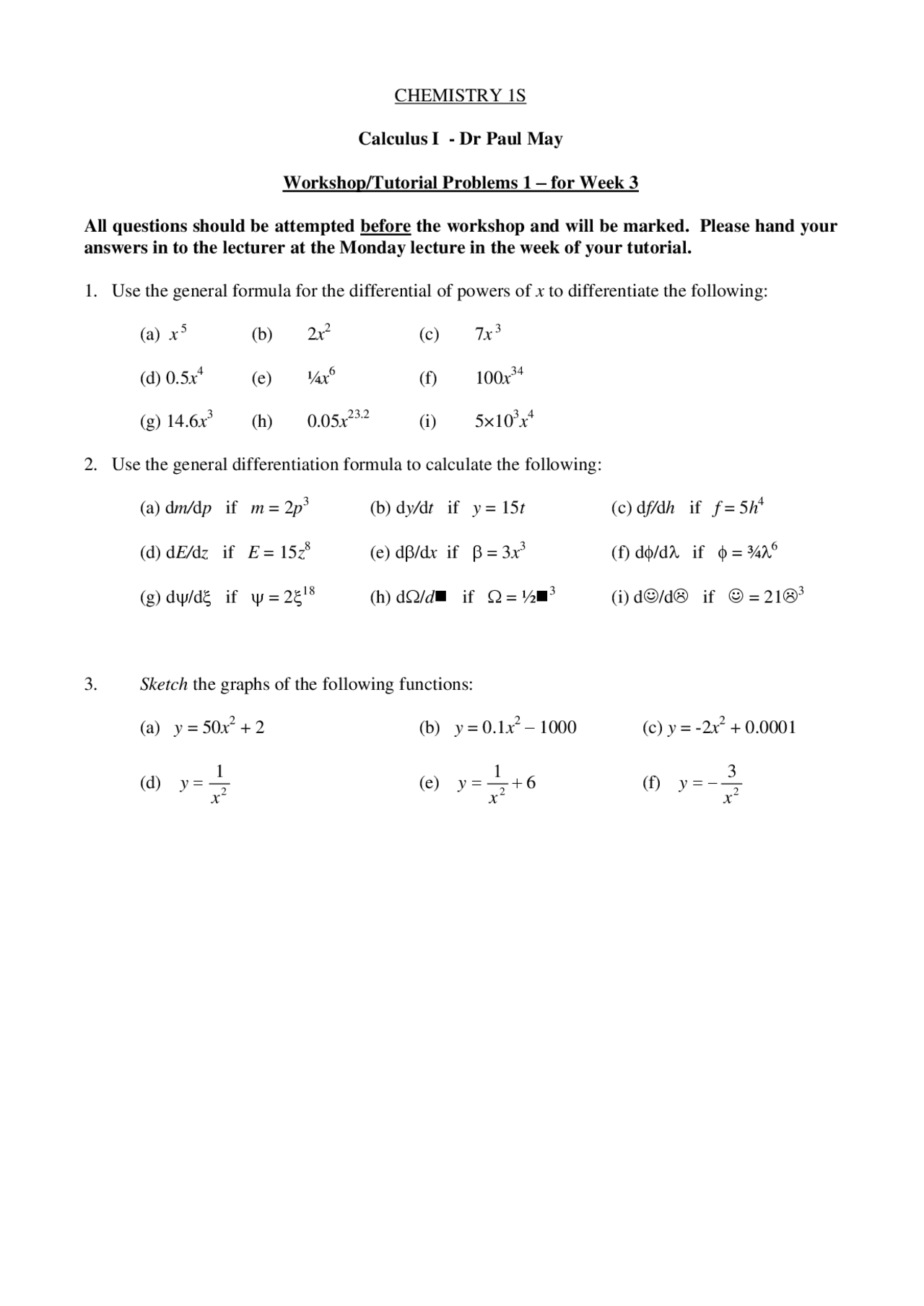 Calculus for Chemistry, Worksheet Paper - Chemistry- 2 - Docsity