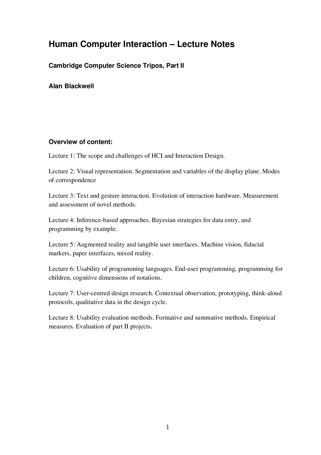 Human Computer Interaction, Lecture Notes - Computer Science - Prof ...