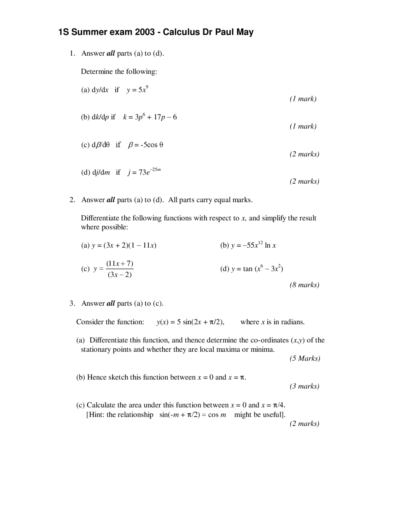 Calculus For Chemistry Exam Paper Chemistry 4 Docsity