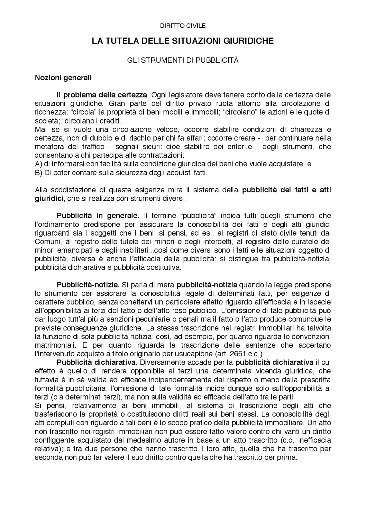 Diritto Privato 2 Riassunto Gli Strumenti Di Pubblicità Prof
