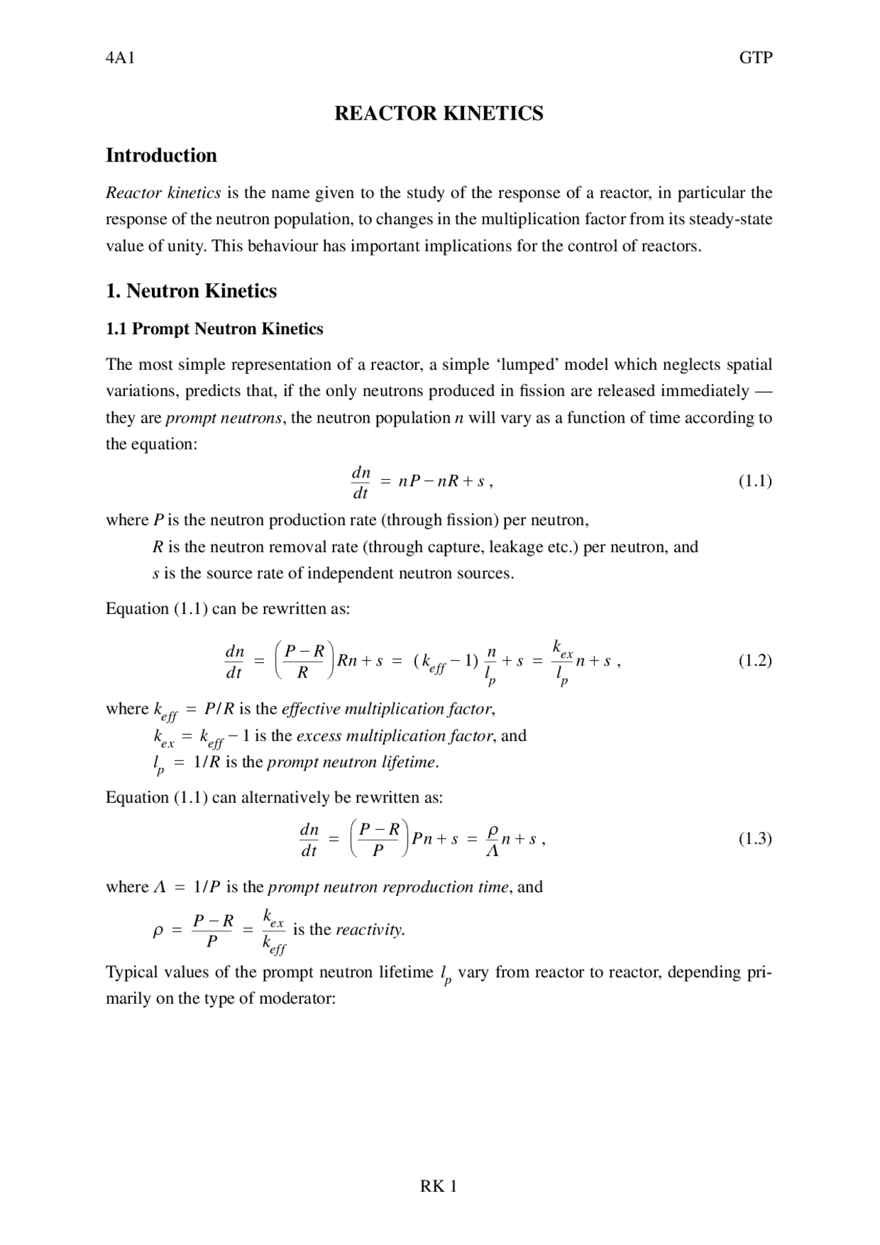 Reactor Kinetics Lecture Notes Physics Docsity