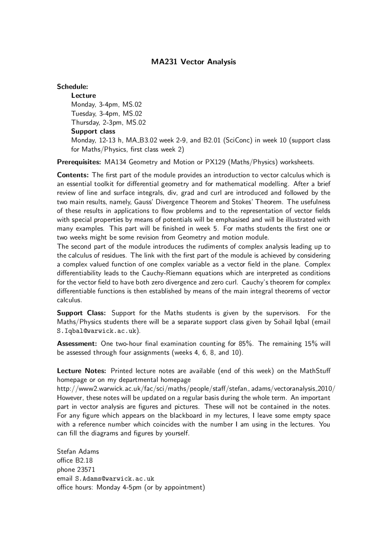 Vector Analysis Handout Mathematics Docsity