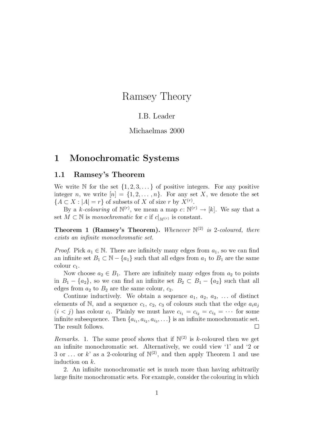 Ramsey Theorem Lecture Notes Physics Prof Ib Leader Docsity