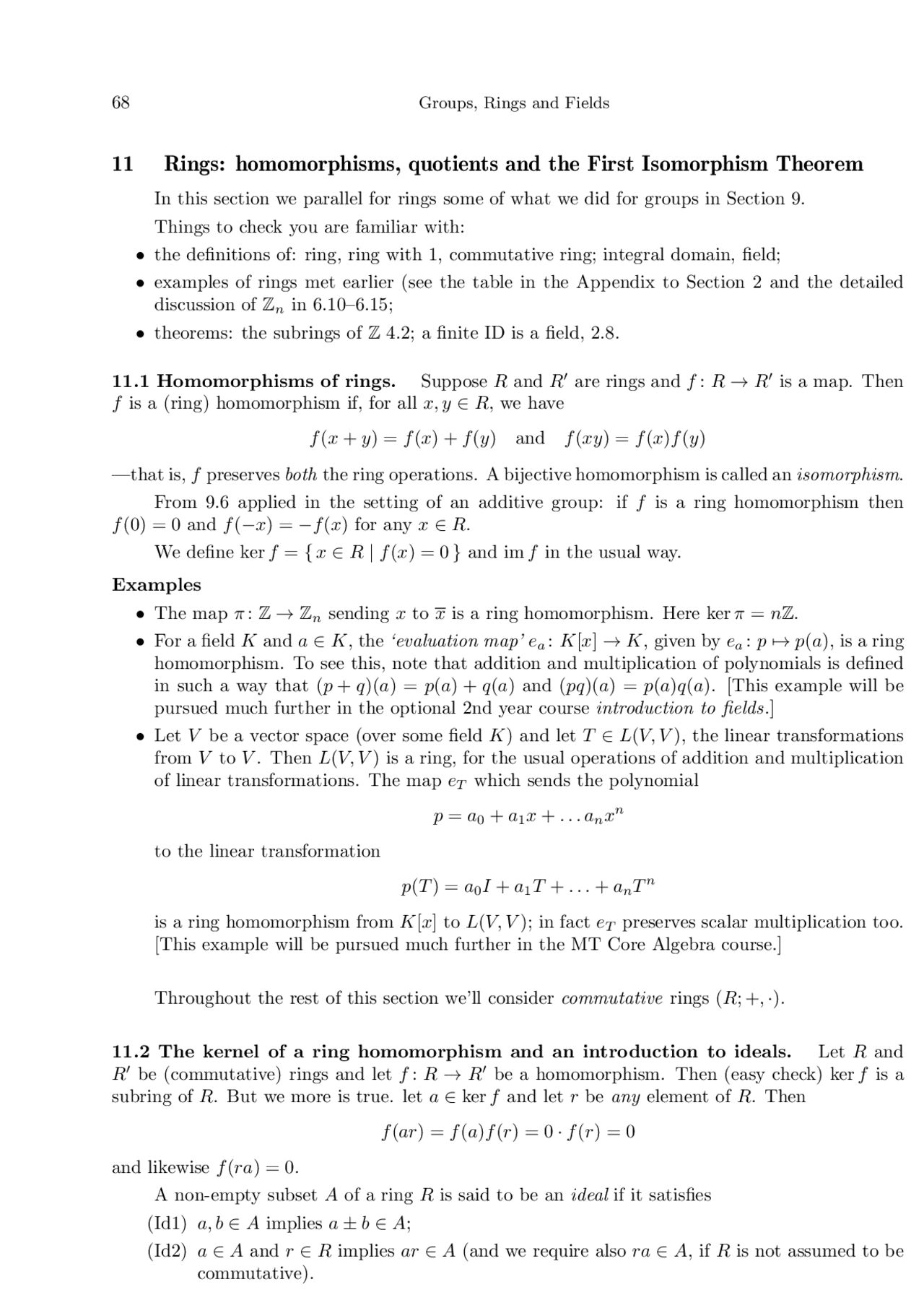 Groups Rings And Field Lecture Notes Mathematics 10 Docsity