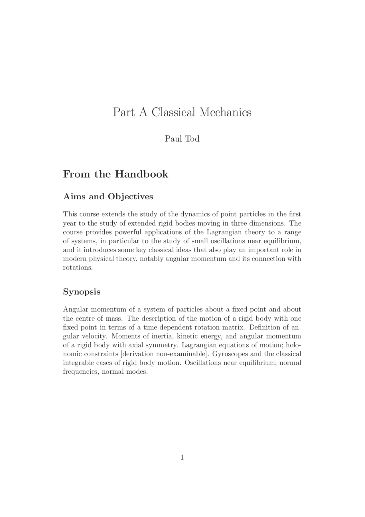 Classical Mechanics, Lecture Notes- Maths - Prof Paul Todd - Docsity