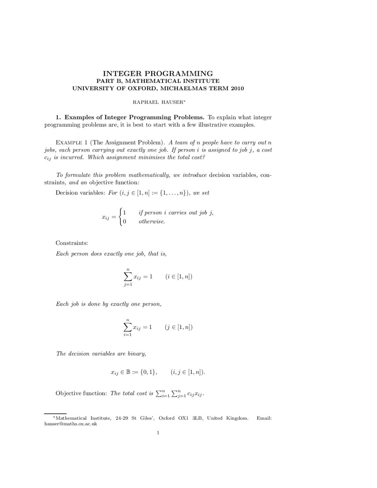 Integer Programming, Lecture Slides - Mathematics - Prof Raphael Hauser - Docsity