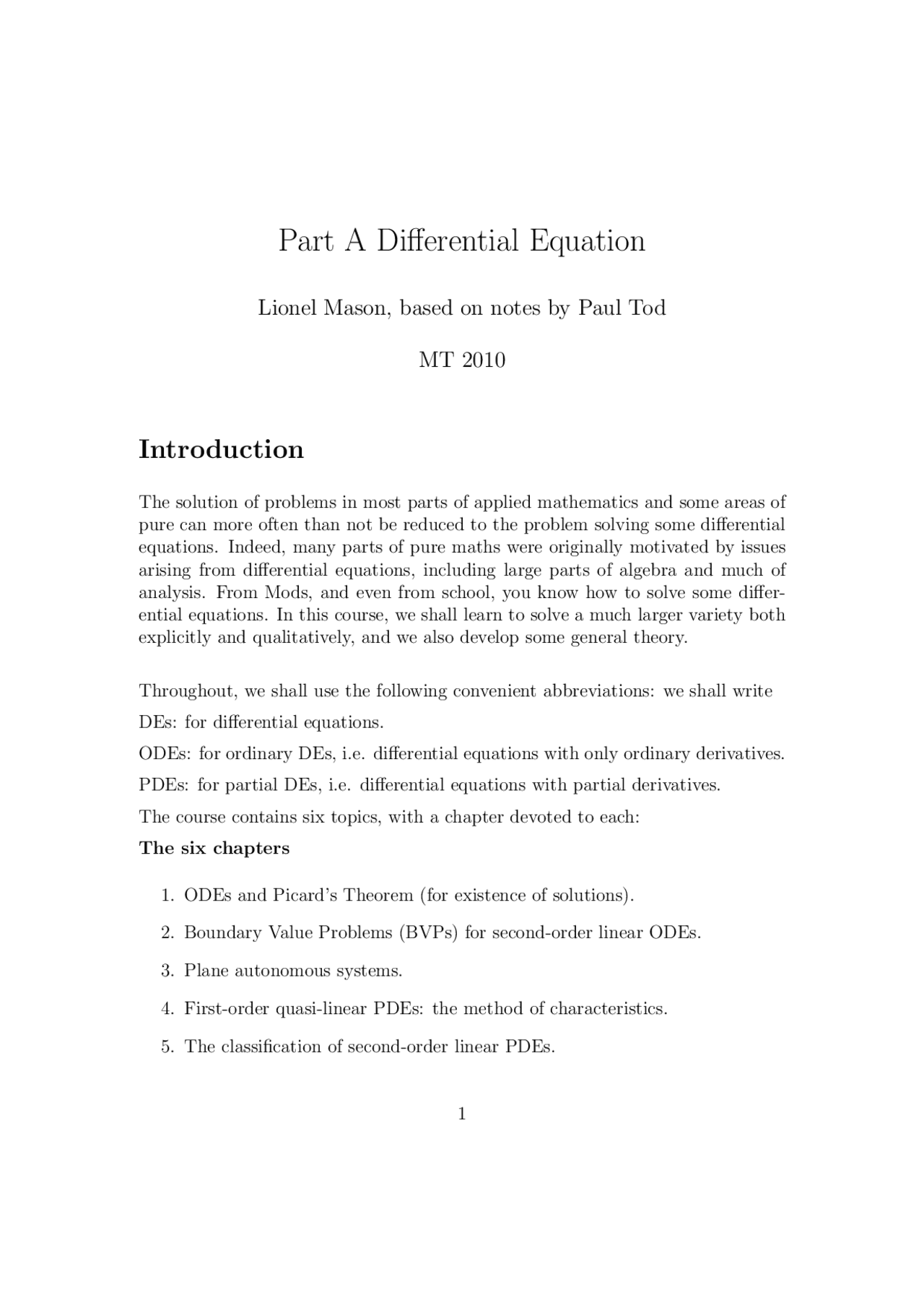 Differential Equations, Lecture Notes - Mathematics - Prof Paul Tod ...