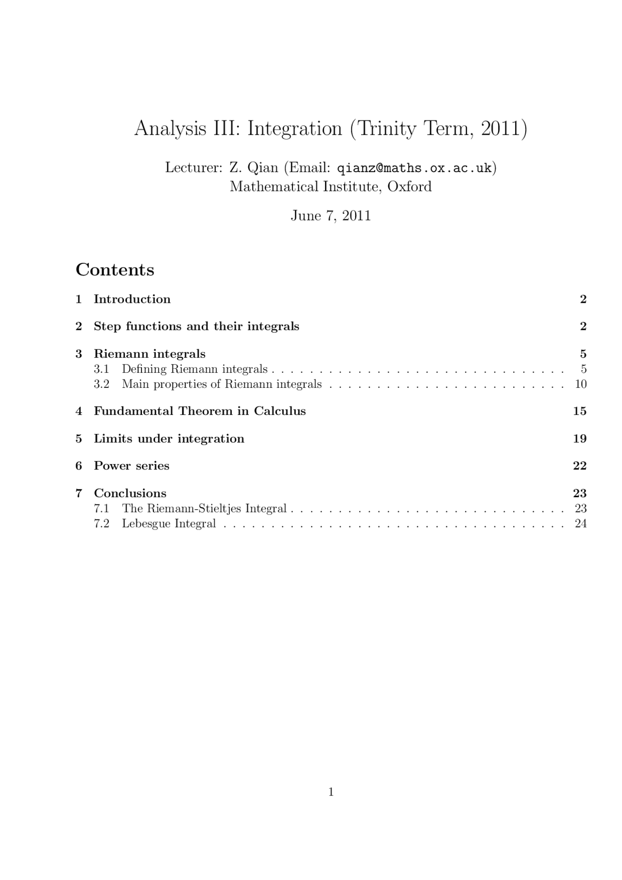 Integration Introduction Lecture Notes Mathematics Prof Z Qian