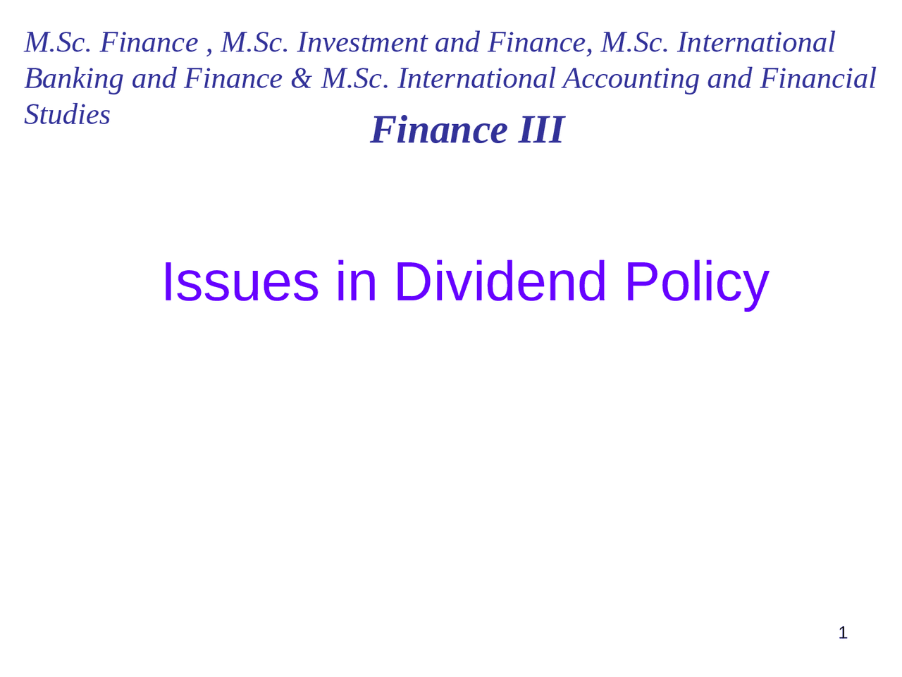 Finance Issues In Dividend Policy Lecture Docsity