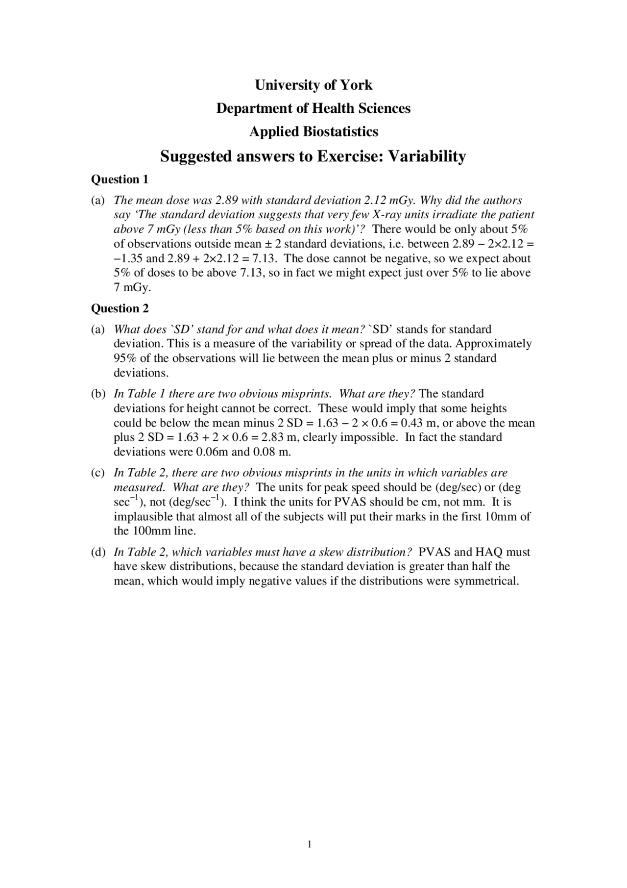 Applied Biostatistics, Exercises's Solution - Mathematics - 1 - Docsity