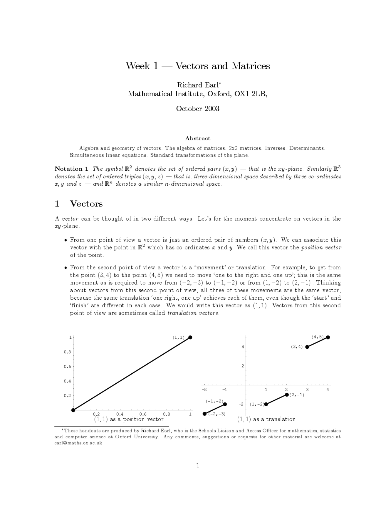 Vector And Mathematics Lecture Notes Mathematics Prof Richard Earl
