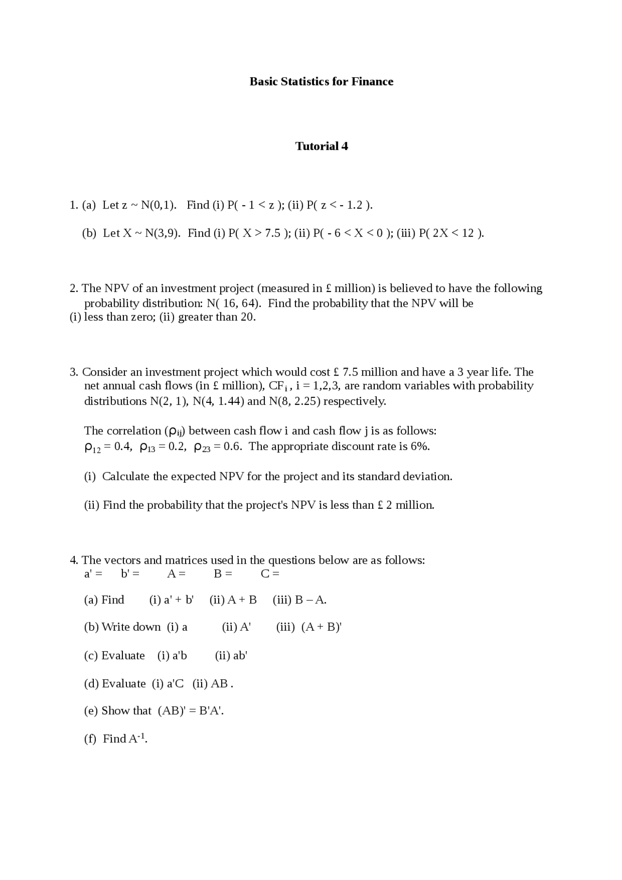 Basic Statistics For Finance Tutorial 4 Docsity