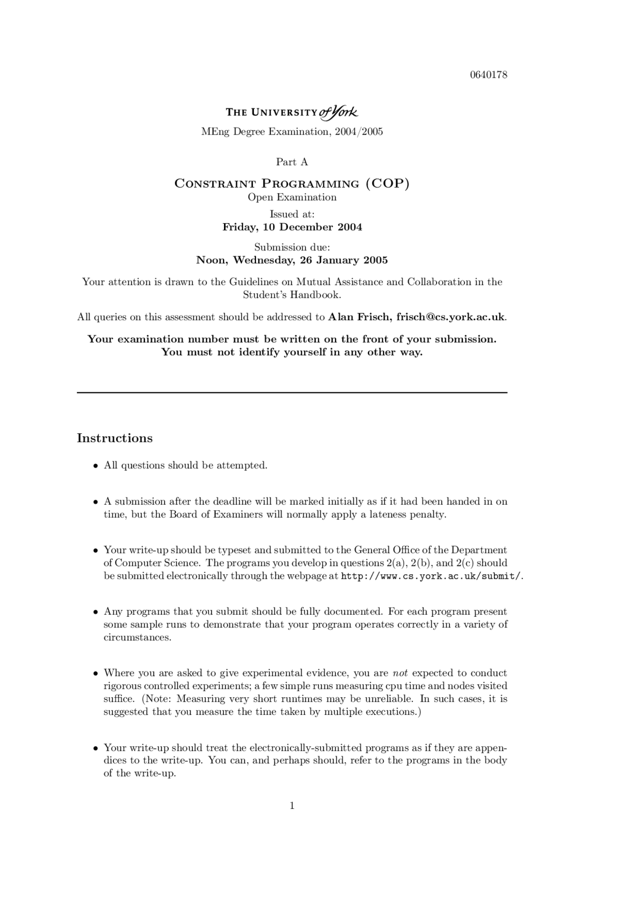 Constarint Programming, Exam Paper- Computer Science 4 - Docsity