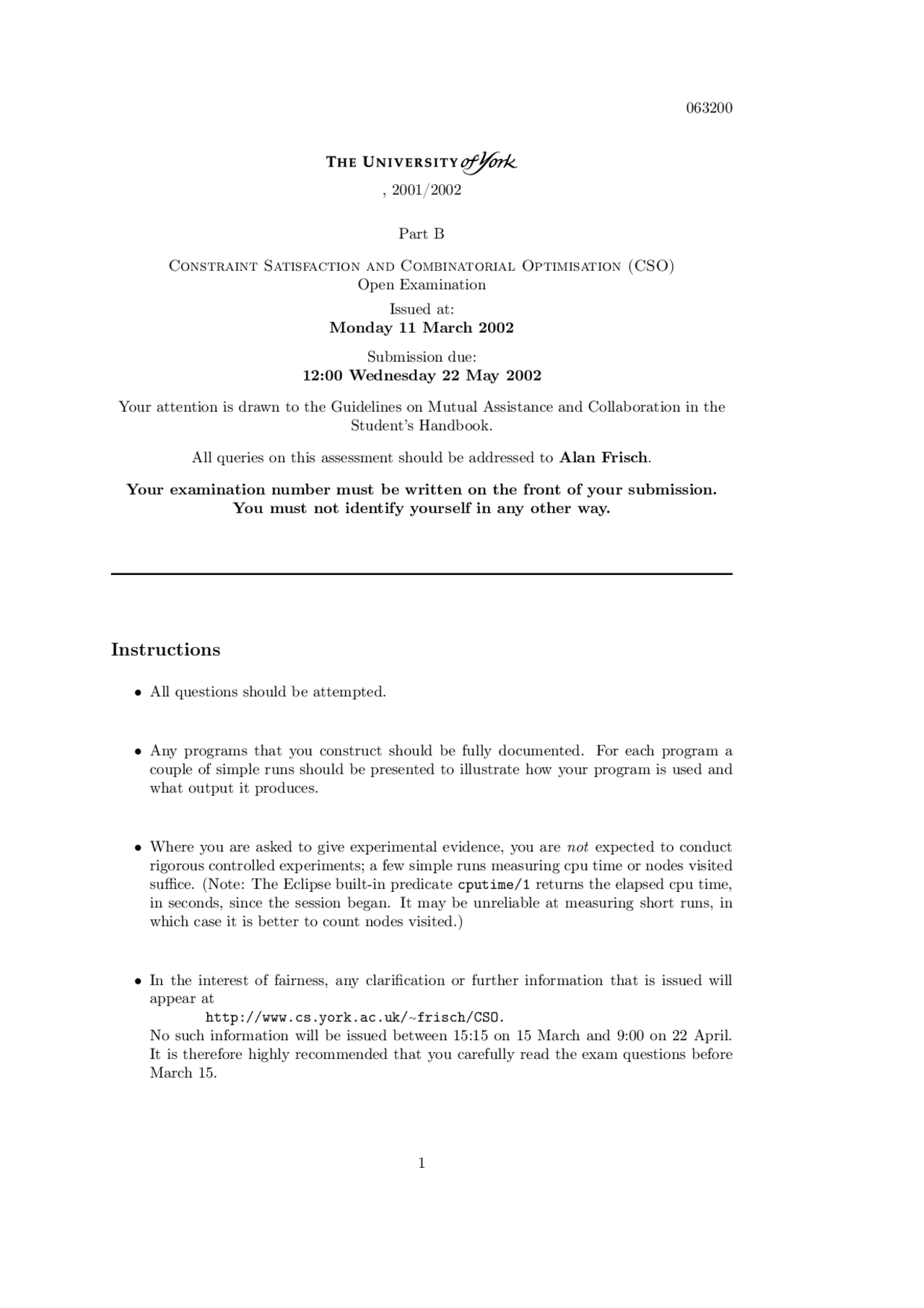 Constarint Programming, Exam Paper- Computer Science 2 - Docsity