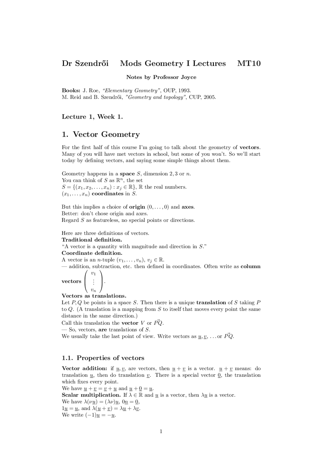 Mods Geometery, Lecture Notes - Mathematics - Prof Joyce | Study notes ...